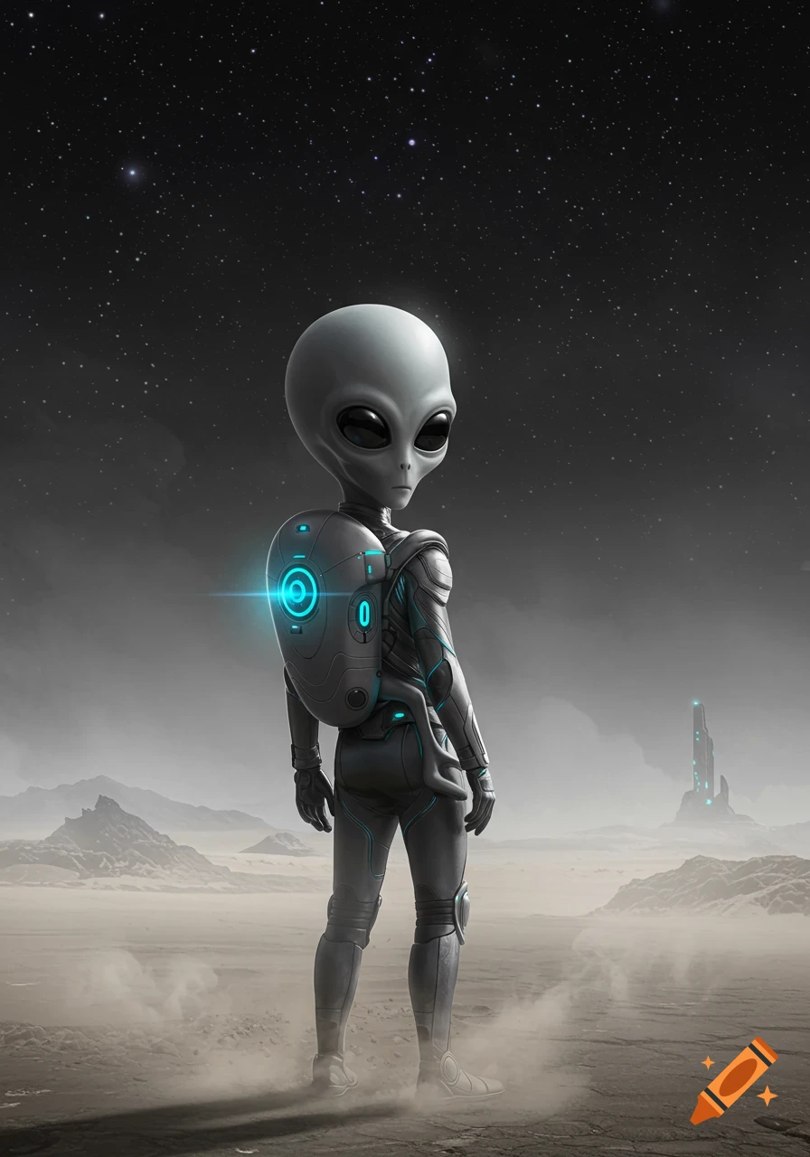 A tall, bipedal grey alien with large insectoid eyes stands in a ...