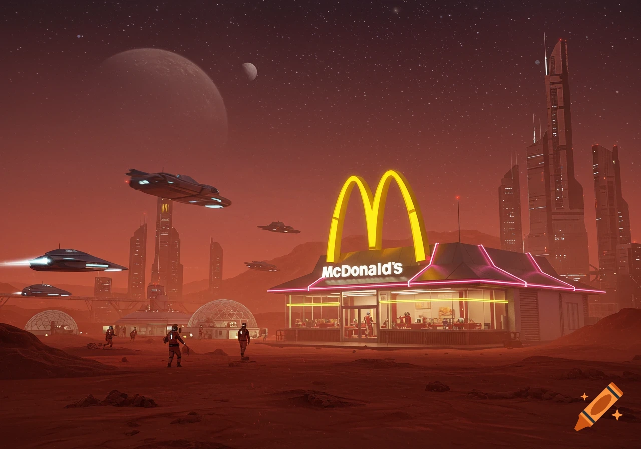 A futuristic McDonald's on a red Mars-like planet with spaceships, tall ...