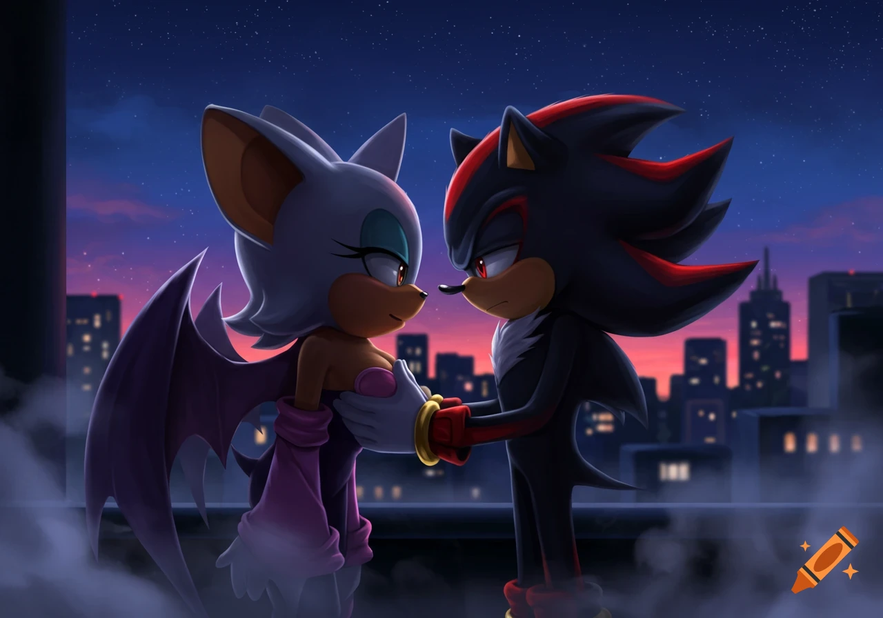 Shadow the Hedgehog and Rouge the Bat embrace on a city rooftop at dusk, with a vibrant sky. on ...