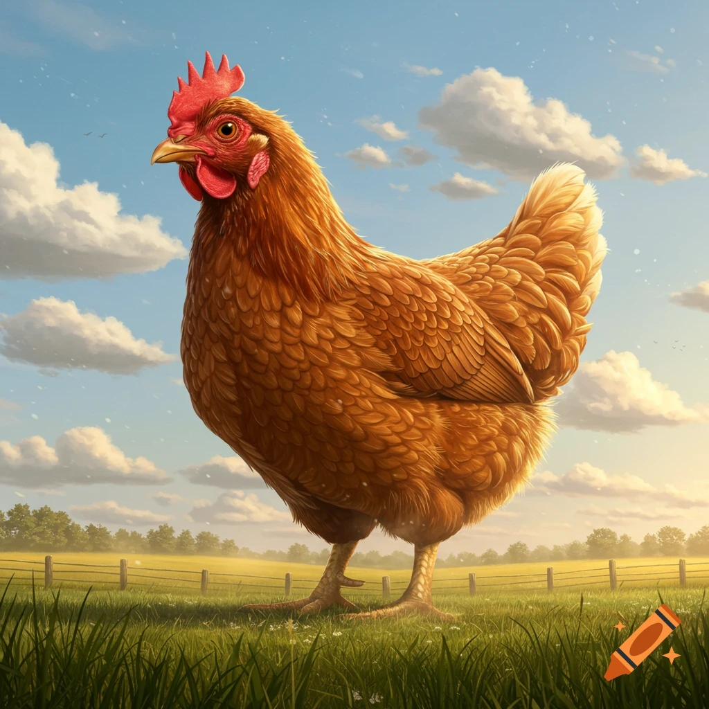 A large, realistic brown chicken stands in a grassy field under a sunny ...