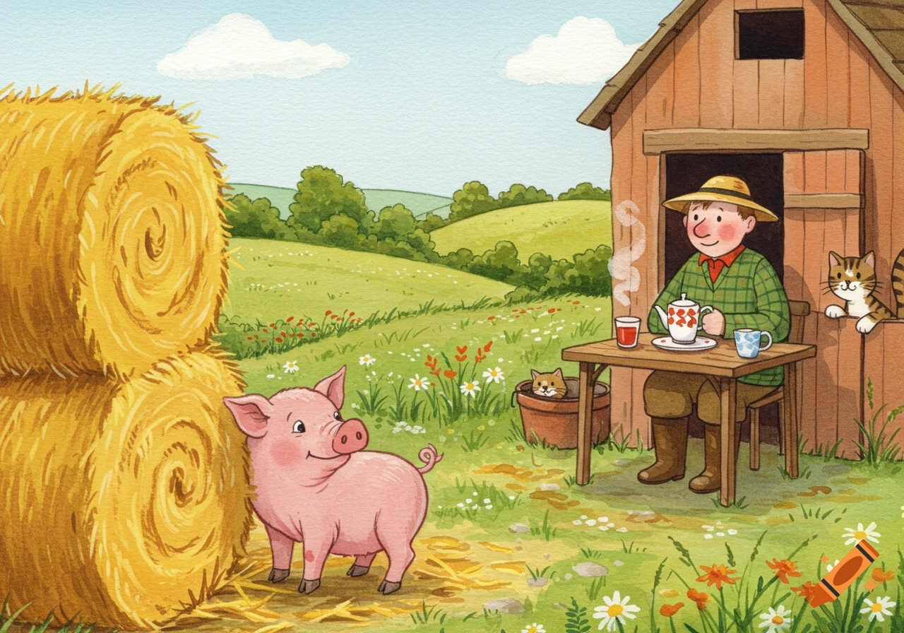 A colorful illustration of various farm animals including a cow, pig ...