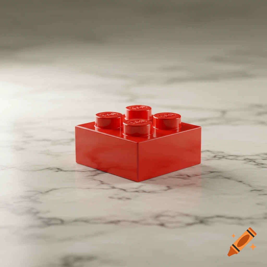 A single red Lego brick with four studs on a white marble surface. on ...