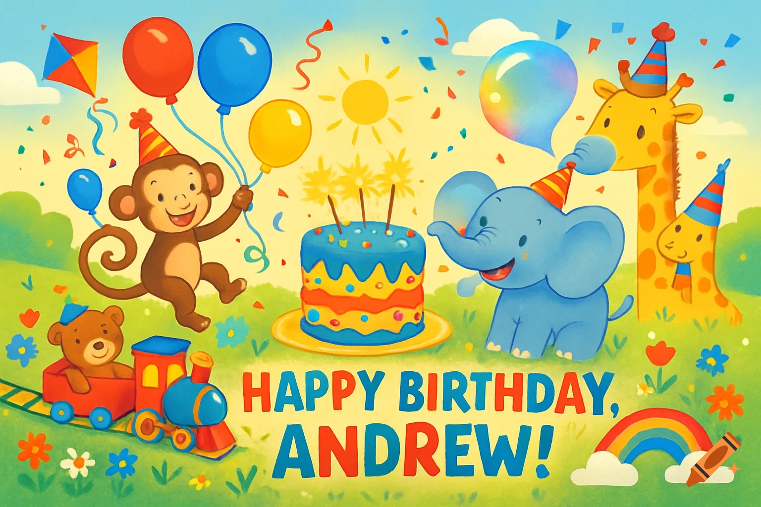 Colorful cartoon birthday illustration with a monkey, elephant, giraffe ...