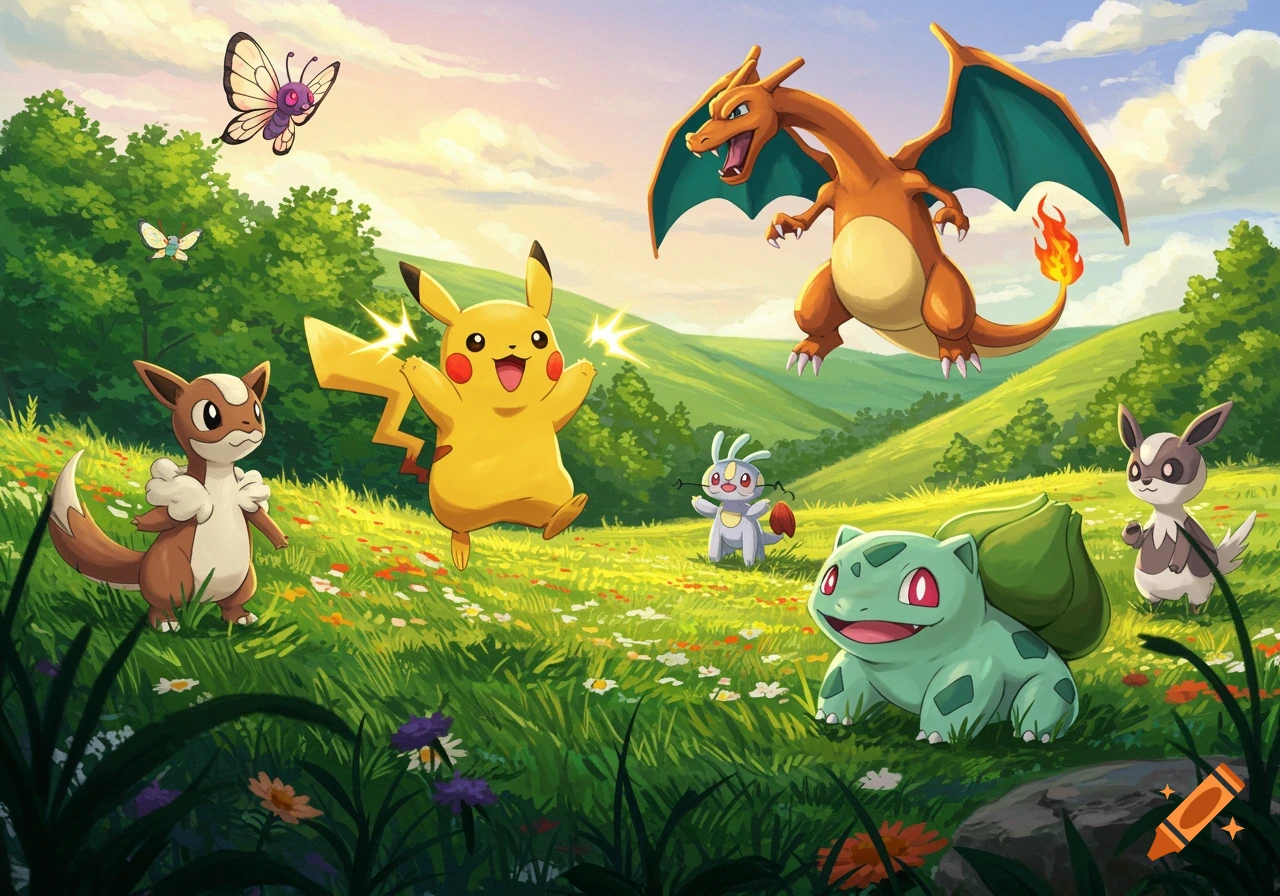 Pikachu, Charizard, Bulbasaur, and other Pokemon gather in a vibrant ...