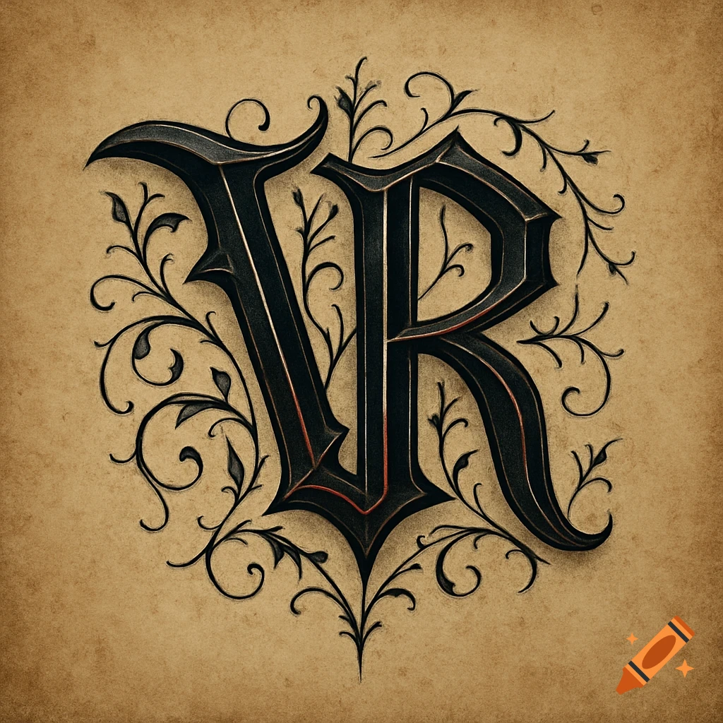 Ornate black gothic letters V and R with filigree on a textured tan ...