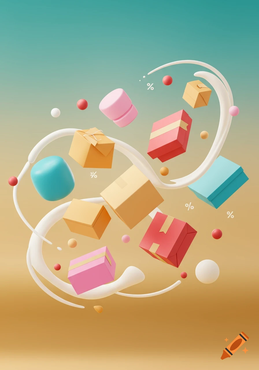 Colorful 3D rendered gift boxes, spheres, and abstract white swirls ...