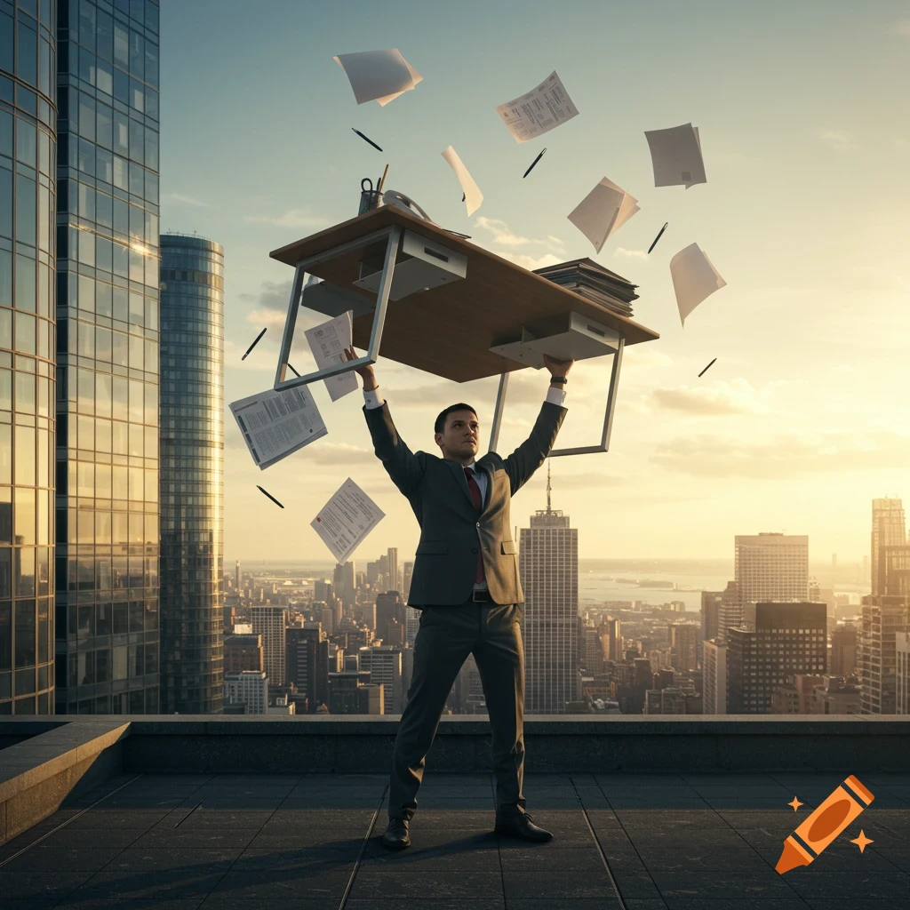 A photorealistic image of a businessman on a city rooftop holding an ...