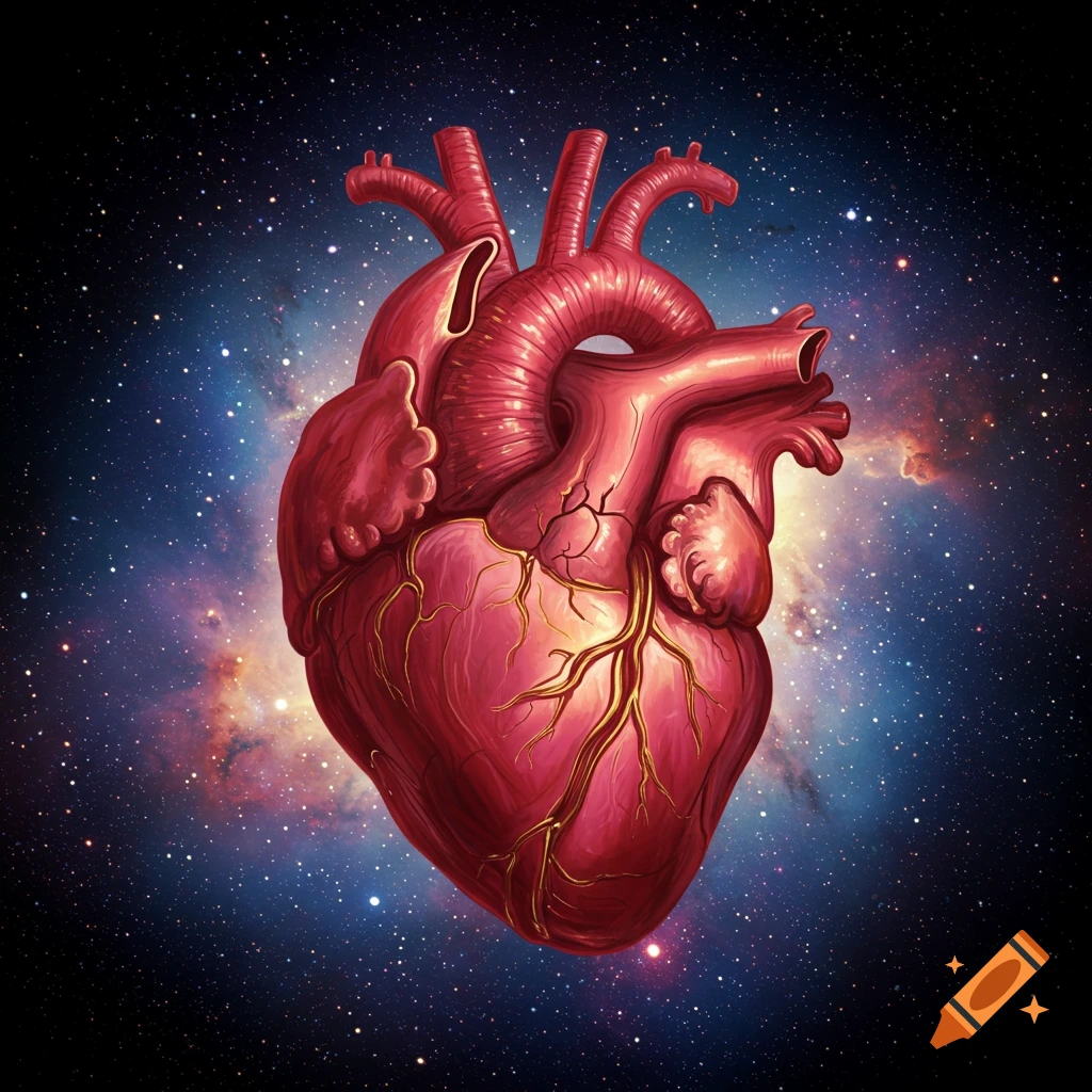 A glowing red anatomical heart sits centrally on an old, intricate ...