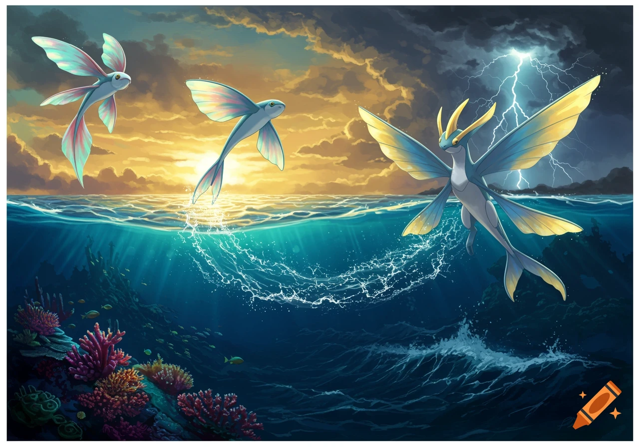 Illustrated scene of blue Kyogre rising from stormy ocean waves, facing ...