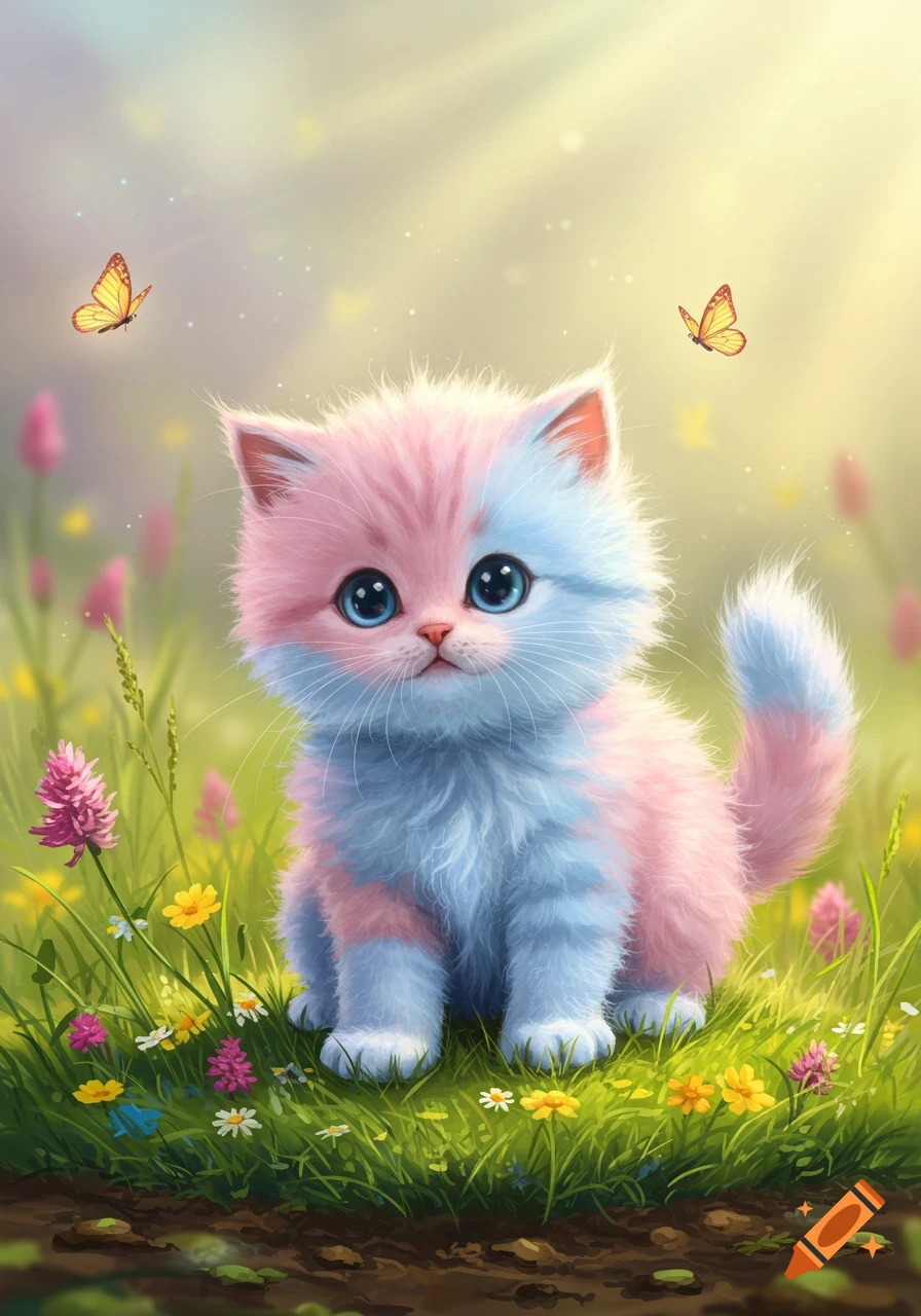 A fluffy pink and blue kitten with big blue eyes sits among colorful flowers and butterflies in ...