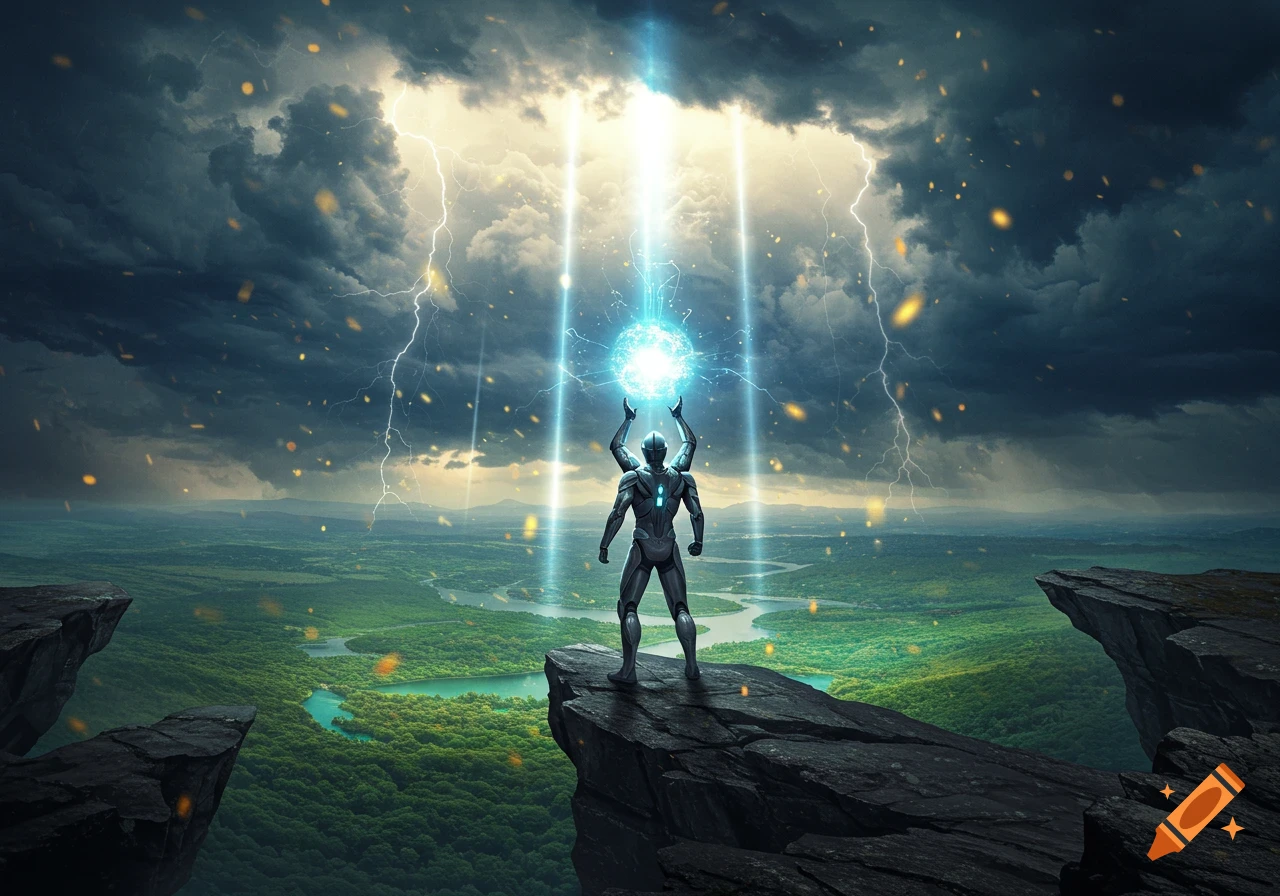 A shimmering, semi-transparent human figure stands illuminated by ...