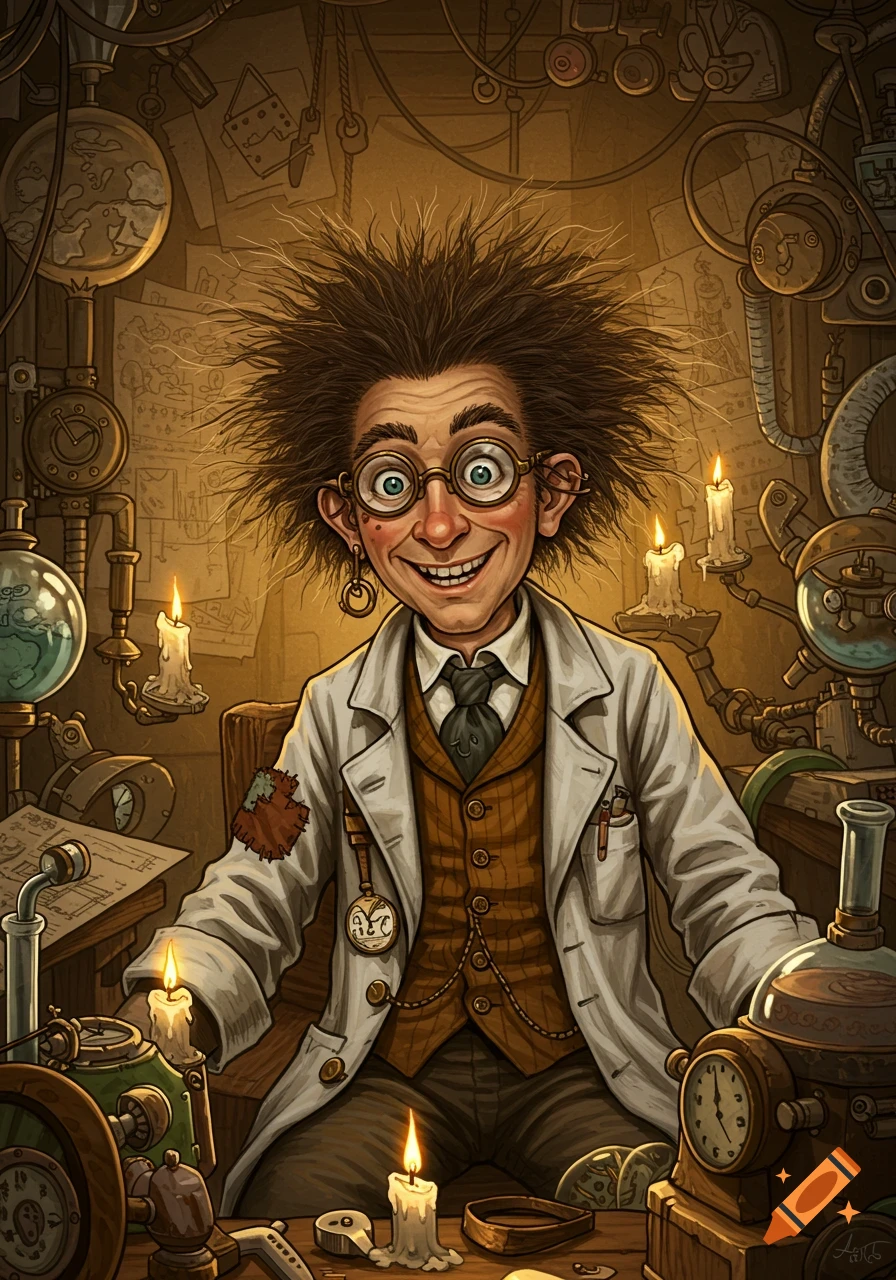 Cartoon scientist with big head and scowl holding a video game ...