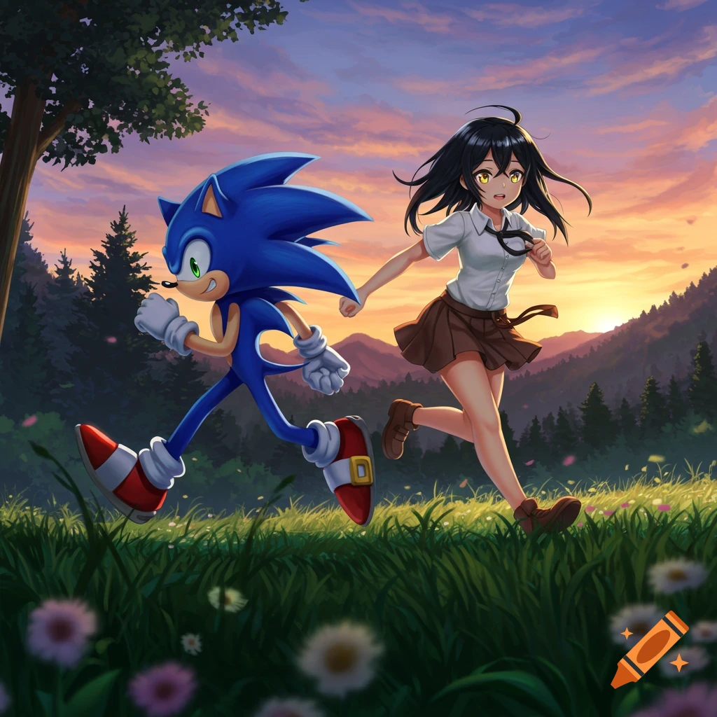 Sonic the Hedgehog and an anime girl with black hair and yellow eyes ...