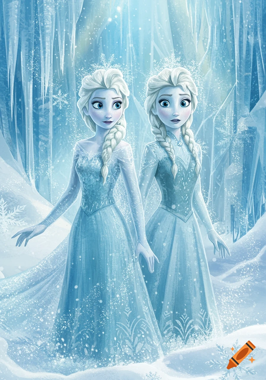 Two animated characters resembling Elsa from Frozen stand in an icy ...