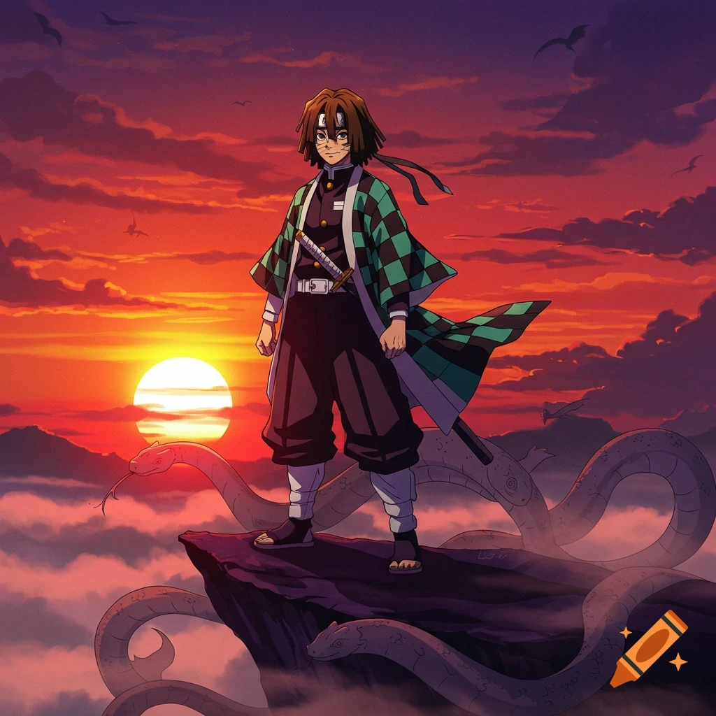 An anime character in a green checkered haori stands on a cliff with ...