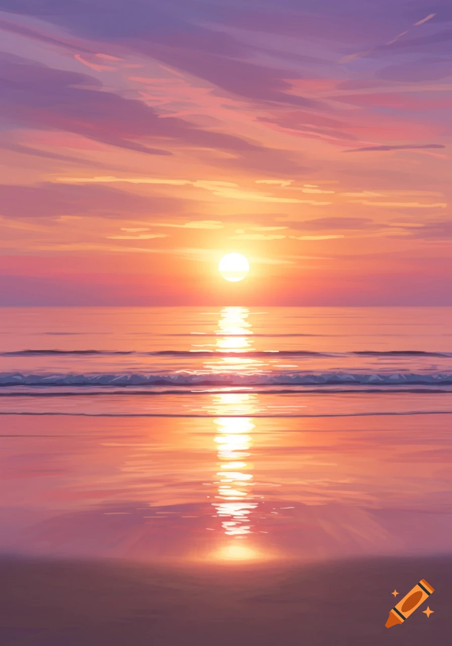 A vibrant, stylized sunset over a calm ocean with the sun's reflection ...