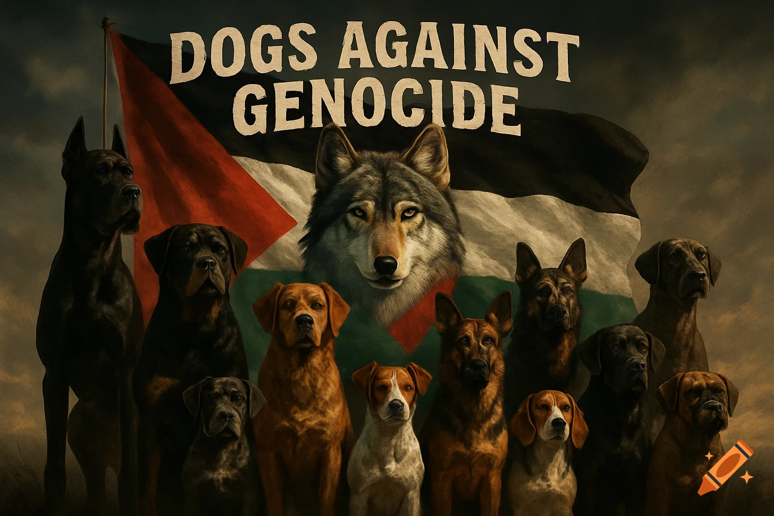 A group of diverse dog breeds and a wolf stand before a flag resembling ...