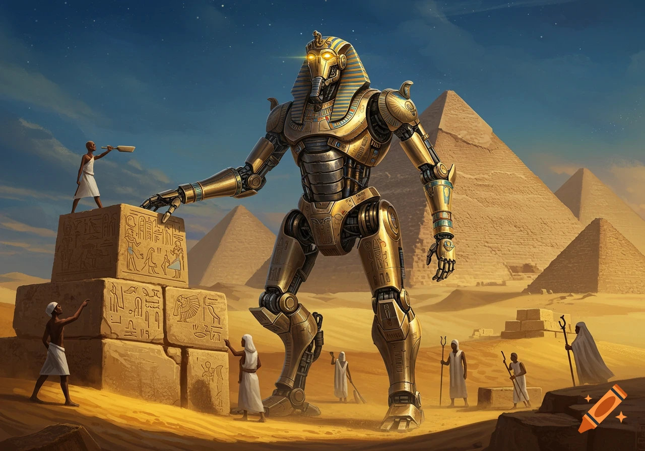 A giant golden robot resembling an Egyptian pharaoh stands amongst ...