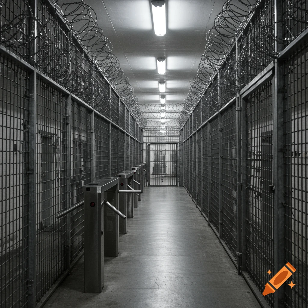A monochrome photo of a long, sterile jail hallway with turnstiles ...
