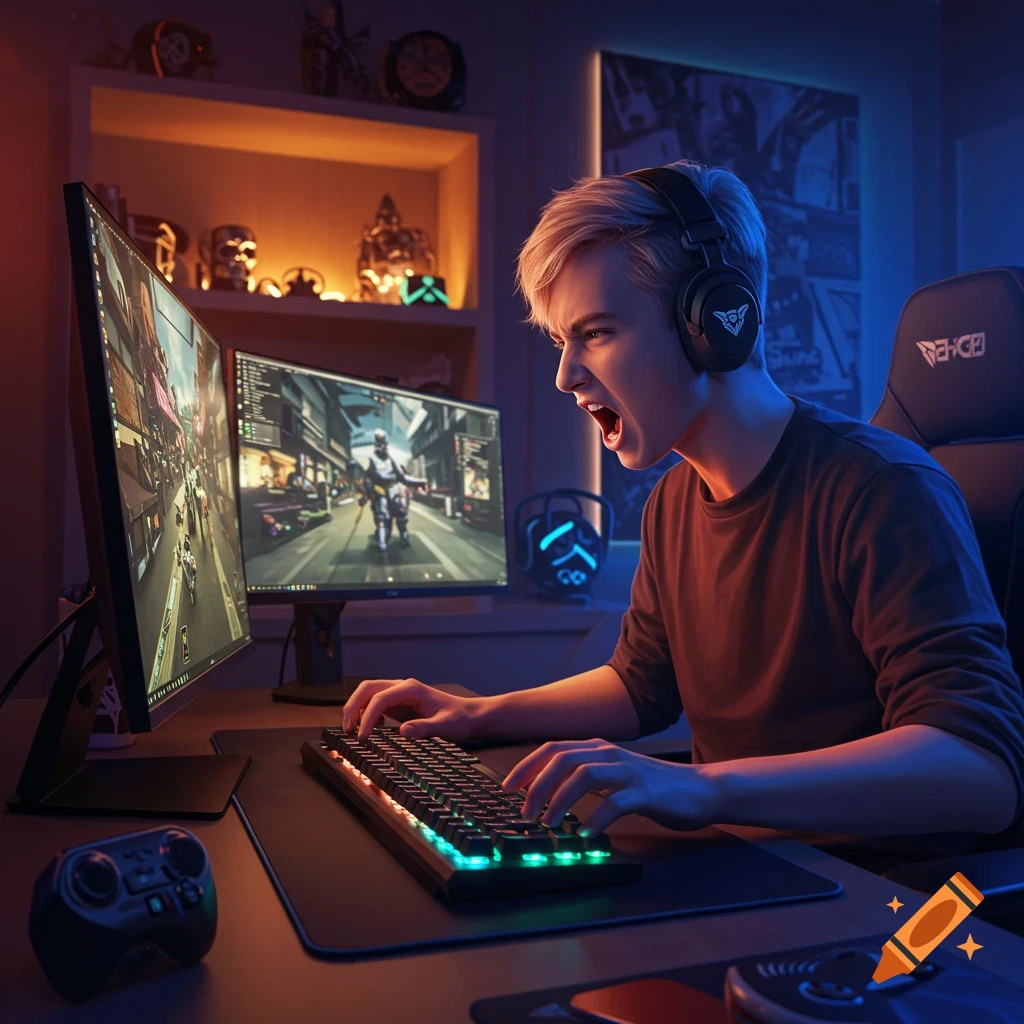 A young person with light blond hair and headphones yells intensely while playing video games at ...