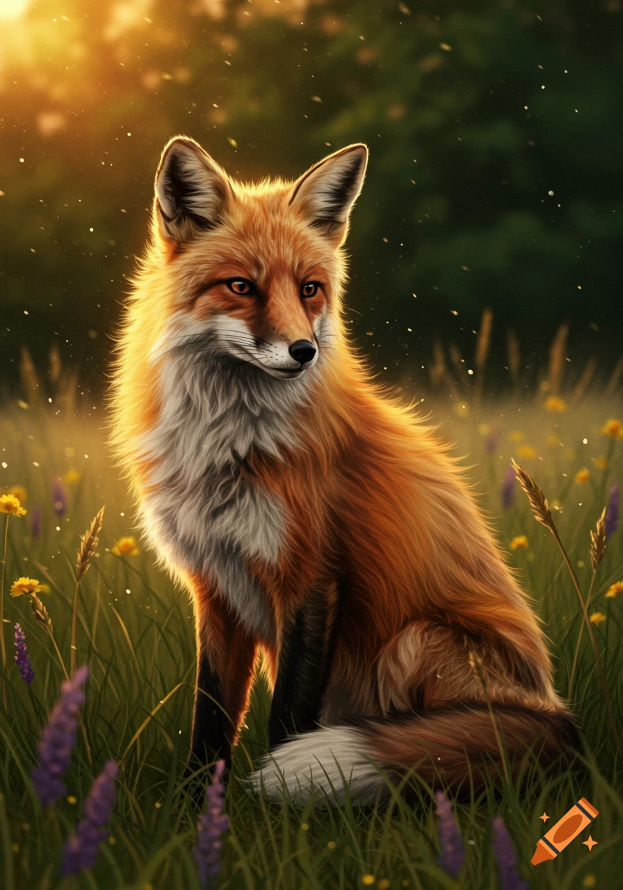 A fluffy red fox with a white-tipped tail stands in a sunny field of ...