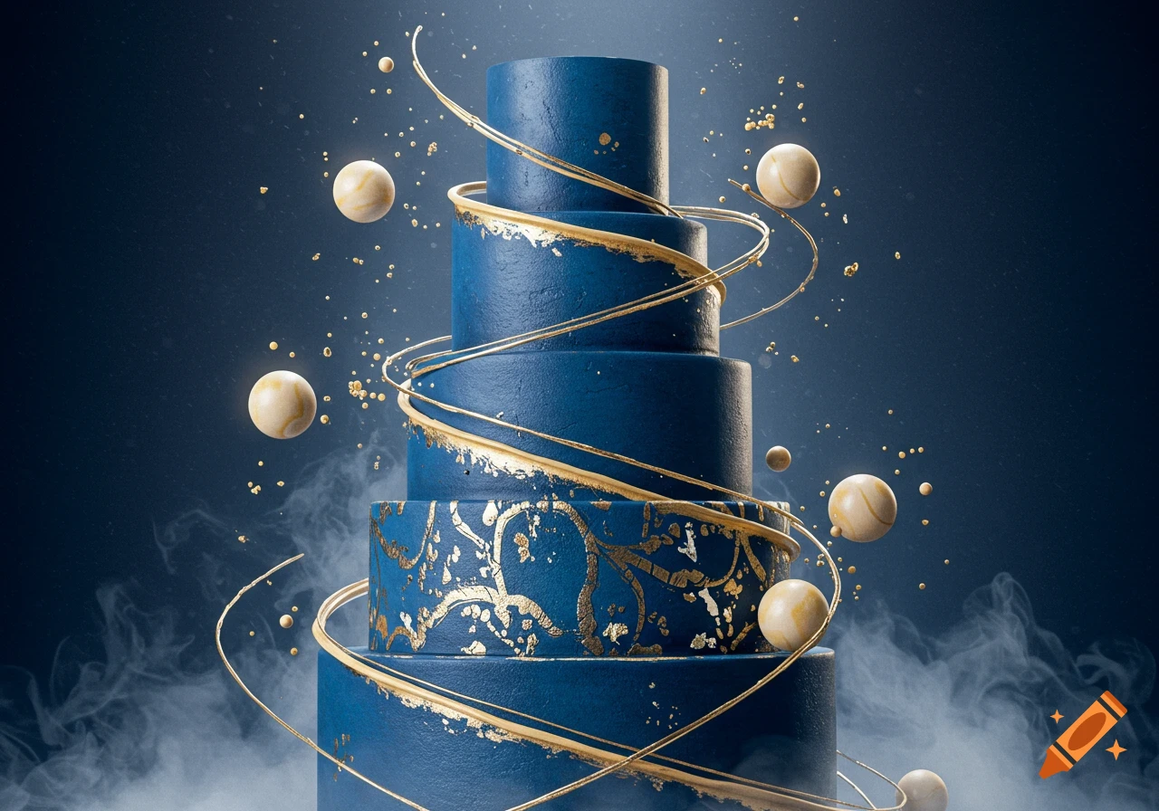 Multi-tiered royal blue wedding cake with gold leaf and spiraling ...