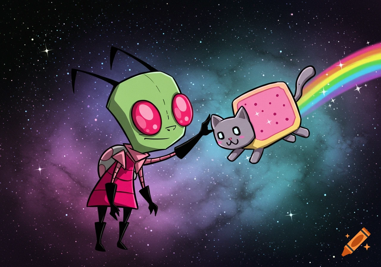 Invader Zim petting Nyan Cat flying through space with a rainbow trail ...