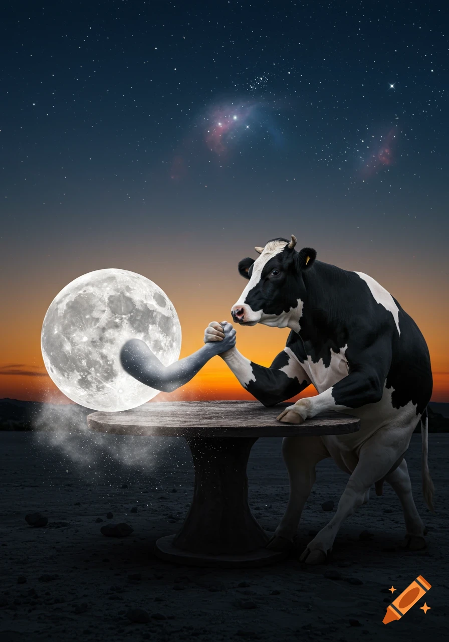 A muscular cow arm wrestling a full moon with a human-like arm at a ...