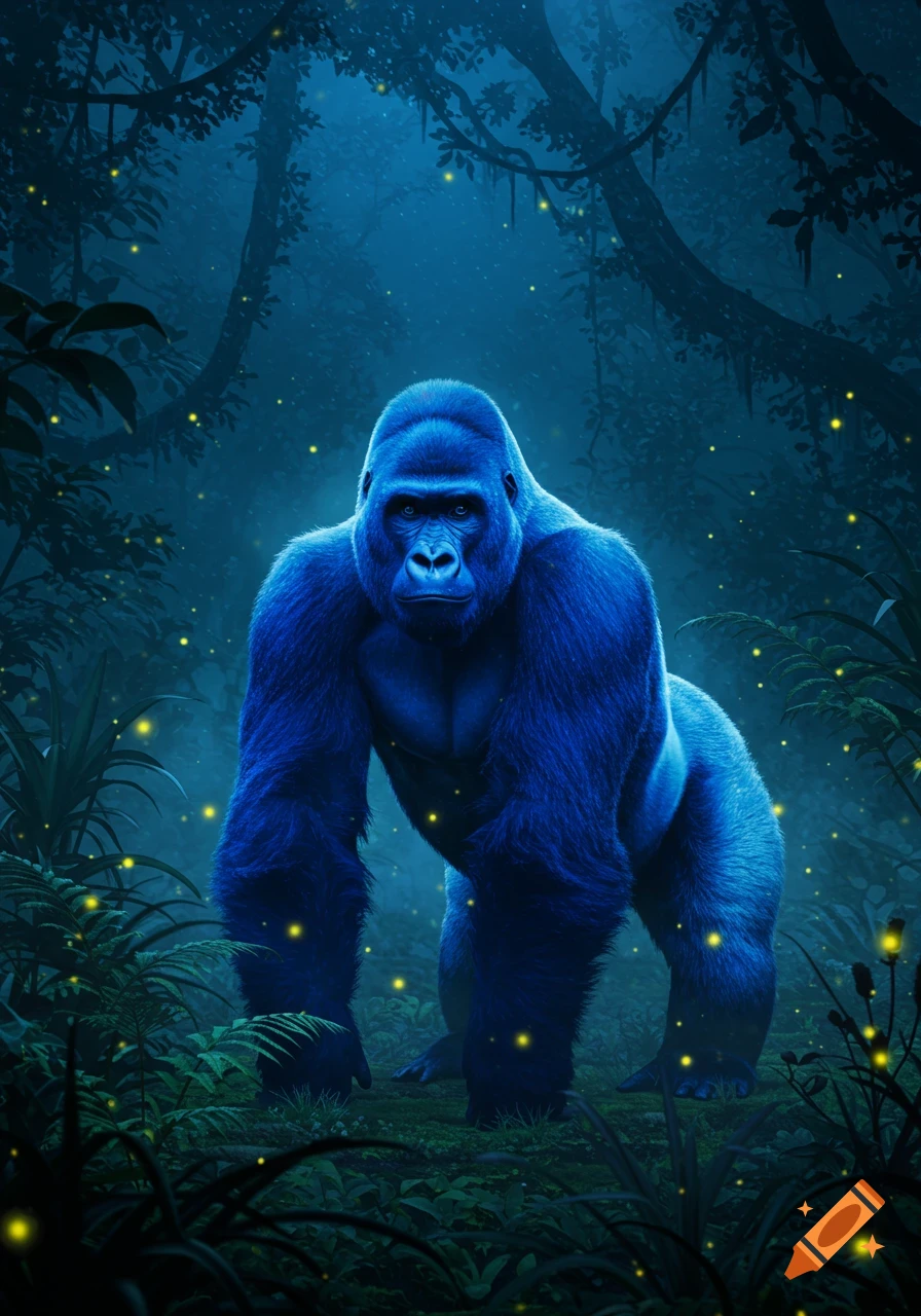 A blue gorilla stands in a dark, misty jungle illuminated by glowing ...