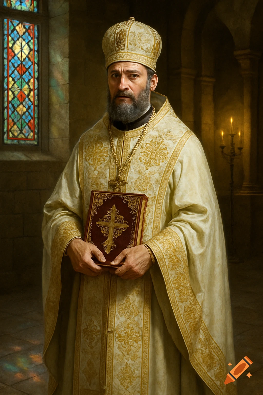 A photorealistic portrait of a bearded man in white and gold medieval ...