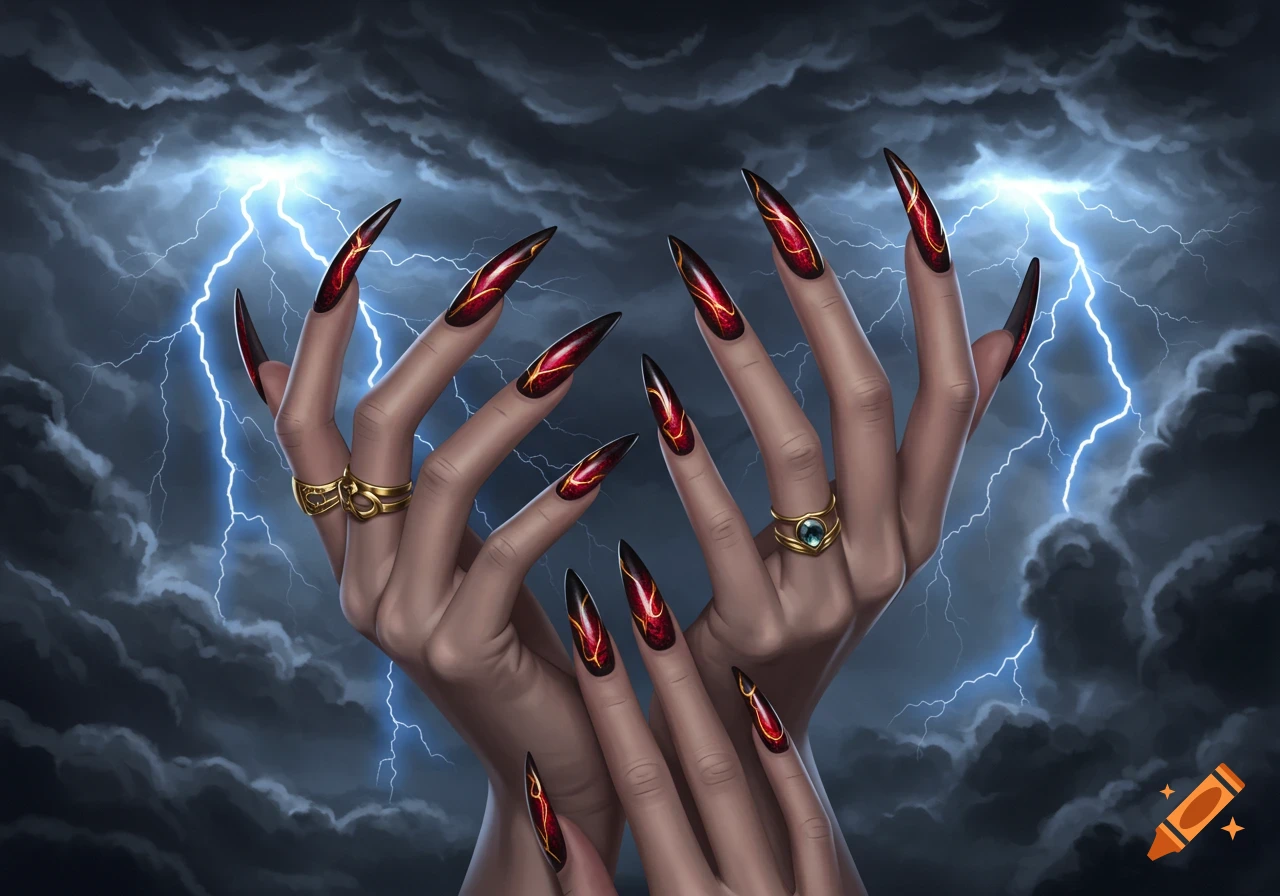 Two hands with long, sharp, red and gold ornate nails and rings, set ...