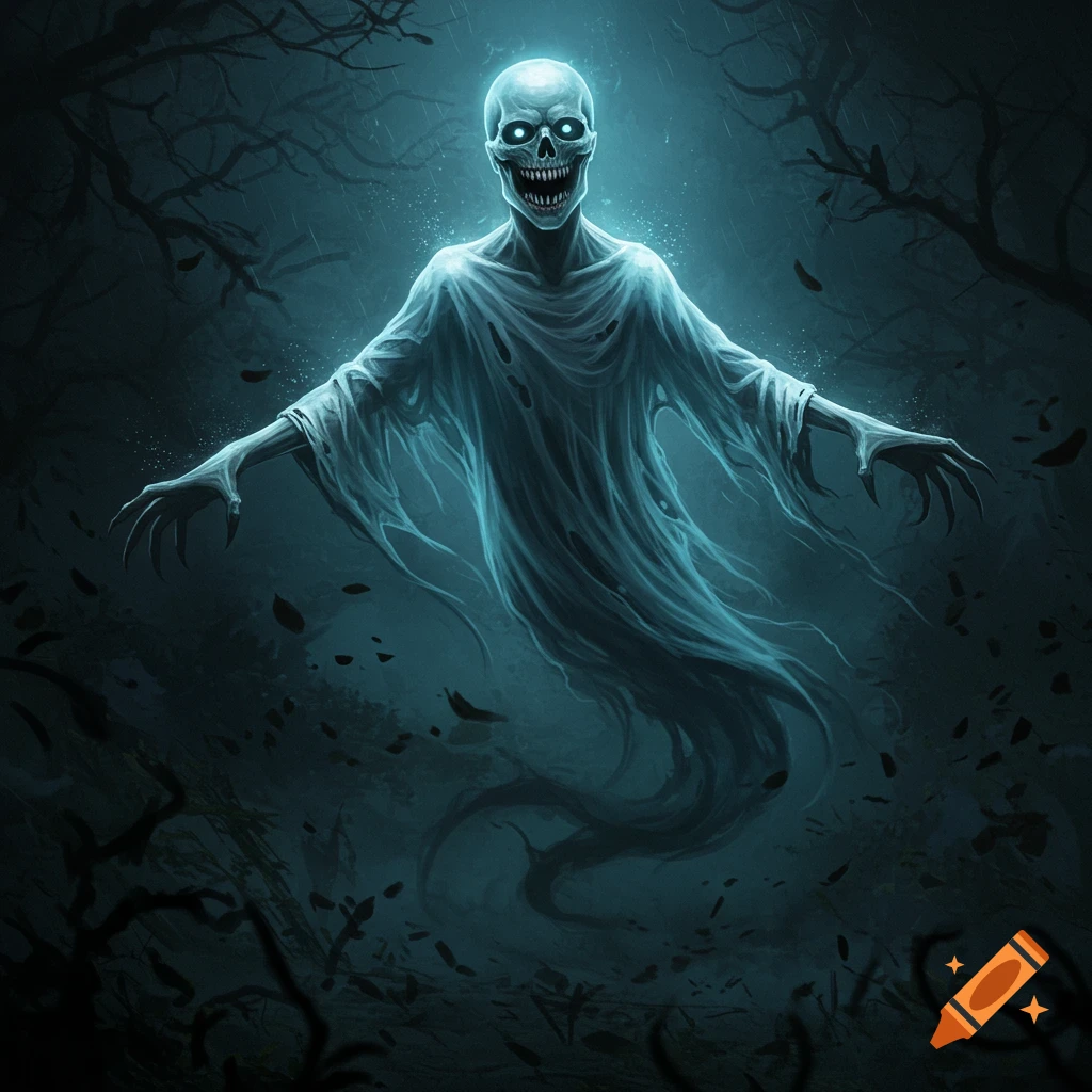 A glowing blue ghost with a skull face floats amidst dark, gnarled ...