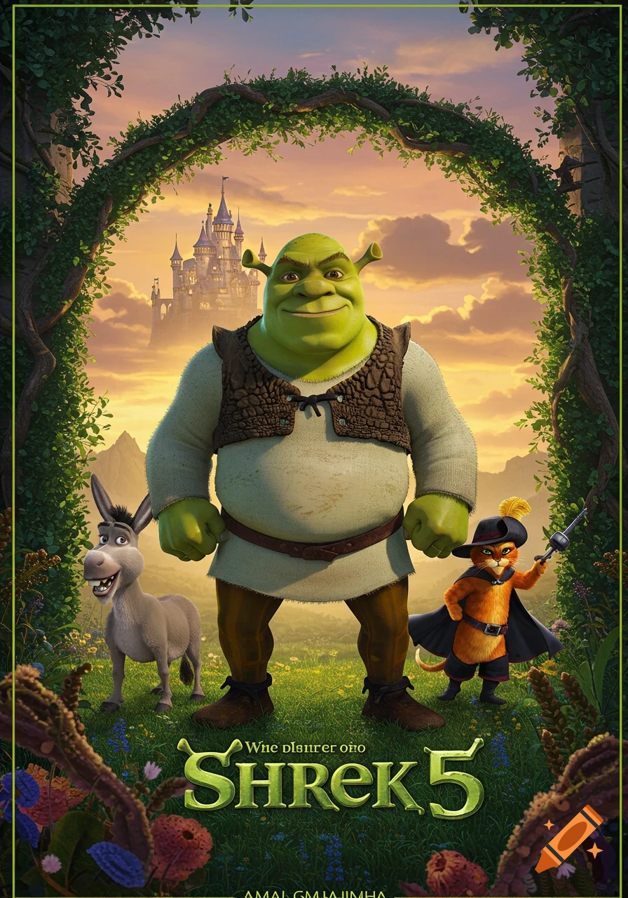 An animated movie poster for Shrek 5, featuring Shrek, Donkey, and Puss in Boots in front of a ...