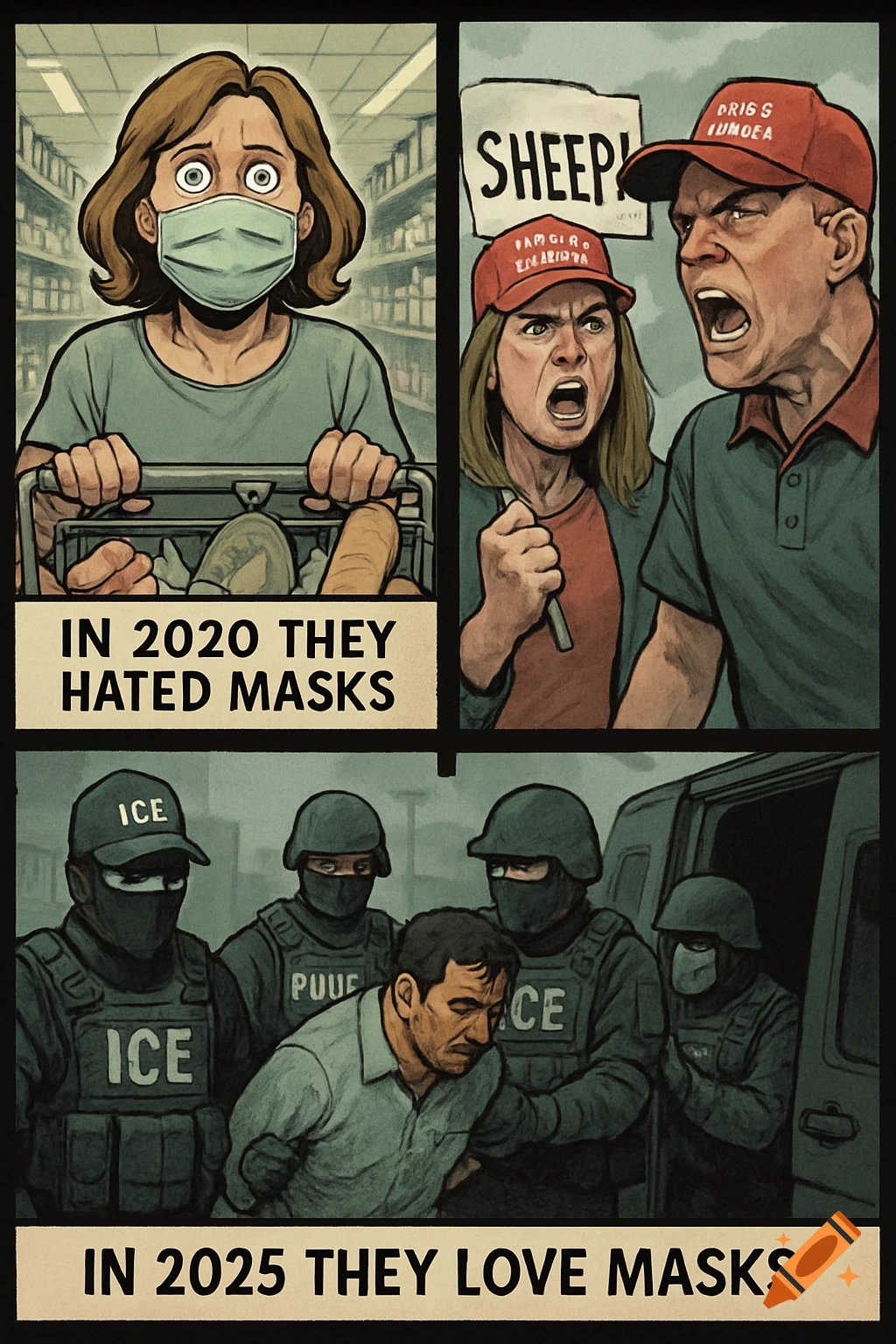 A four-panel comic strip with political commentary. The top left shows ...