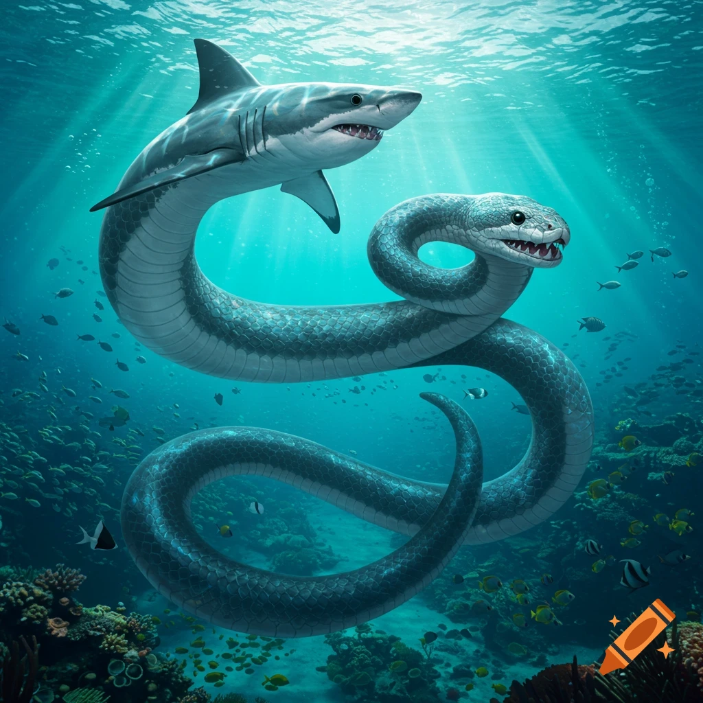 A photorealistic mythical creature, part shark and part snake, swims ...
