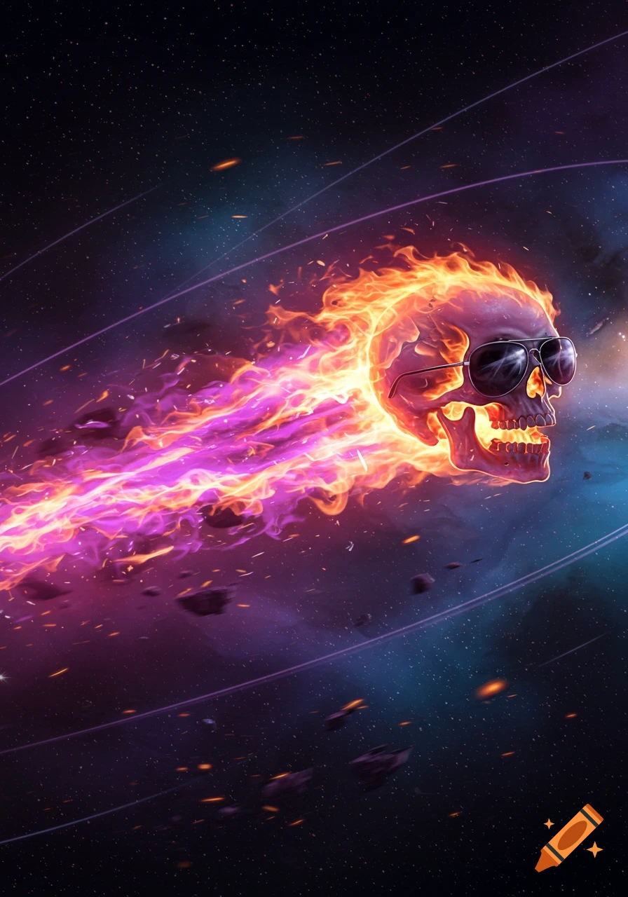 A flaming skull with sunglasses streaks through space, leaving a trail ...