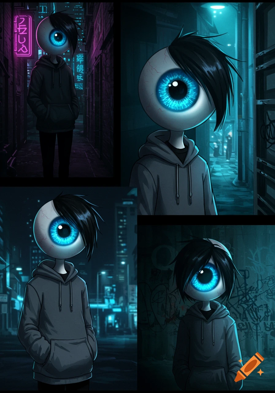 Cartoon character with an eyeball for a head and emo hair, wearing a ...