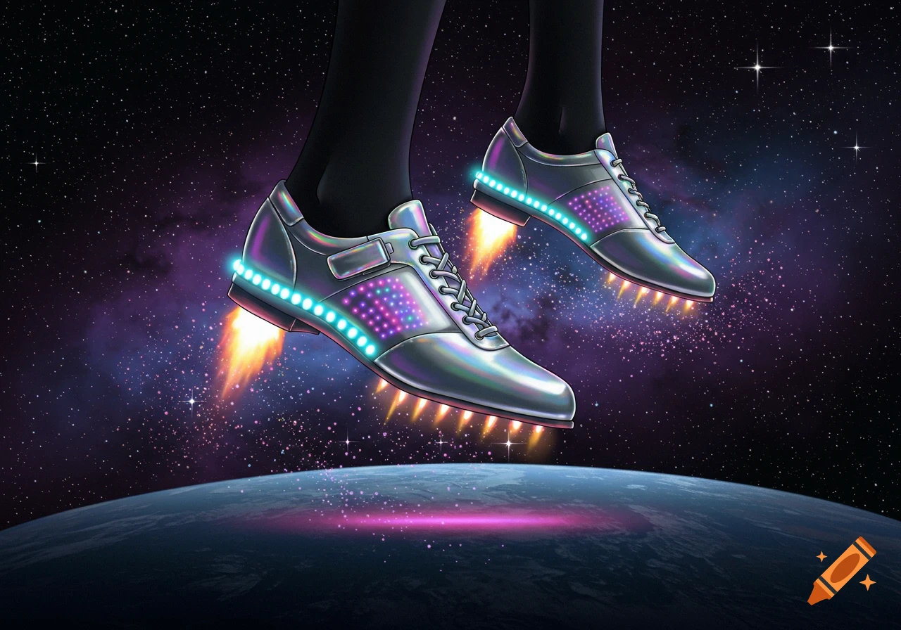 Illustration of glowing rocket shoes flying above a planet in outer ...
