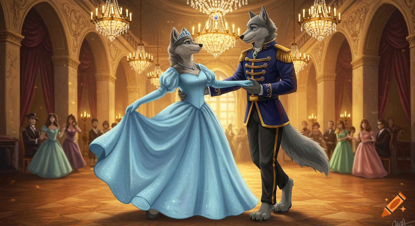 A cartoon blue cat in a sparkly dress dancing with a brown chipmunk in ...