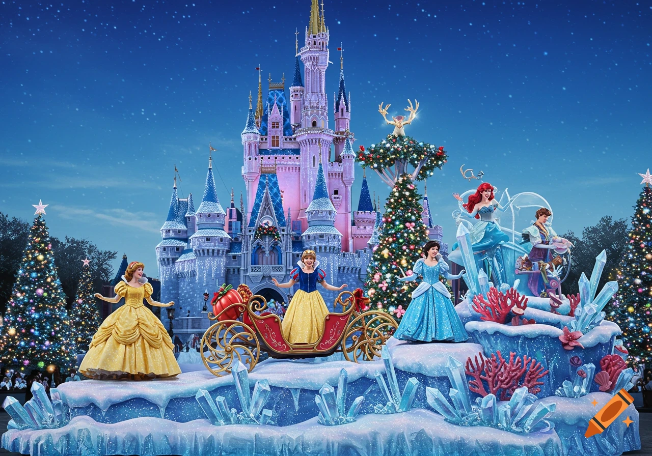 Snow White and Ariel on Christmas parade floats in front of a snow ...
