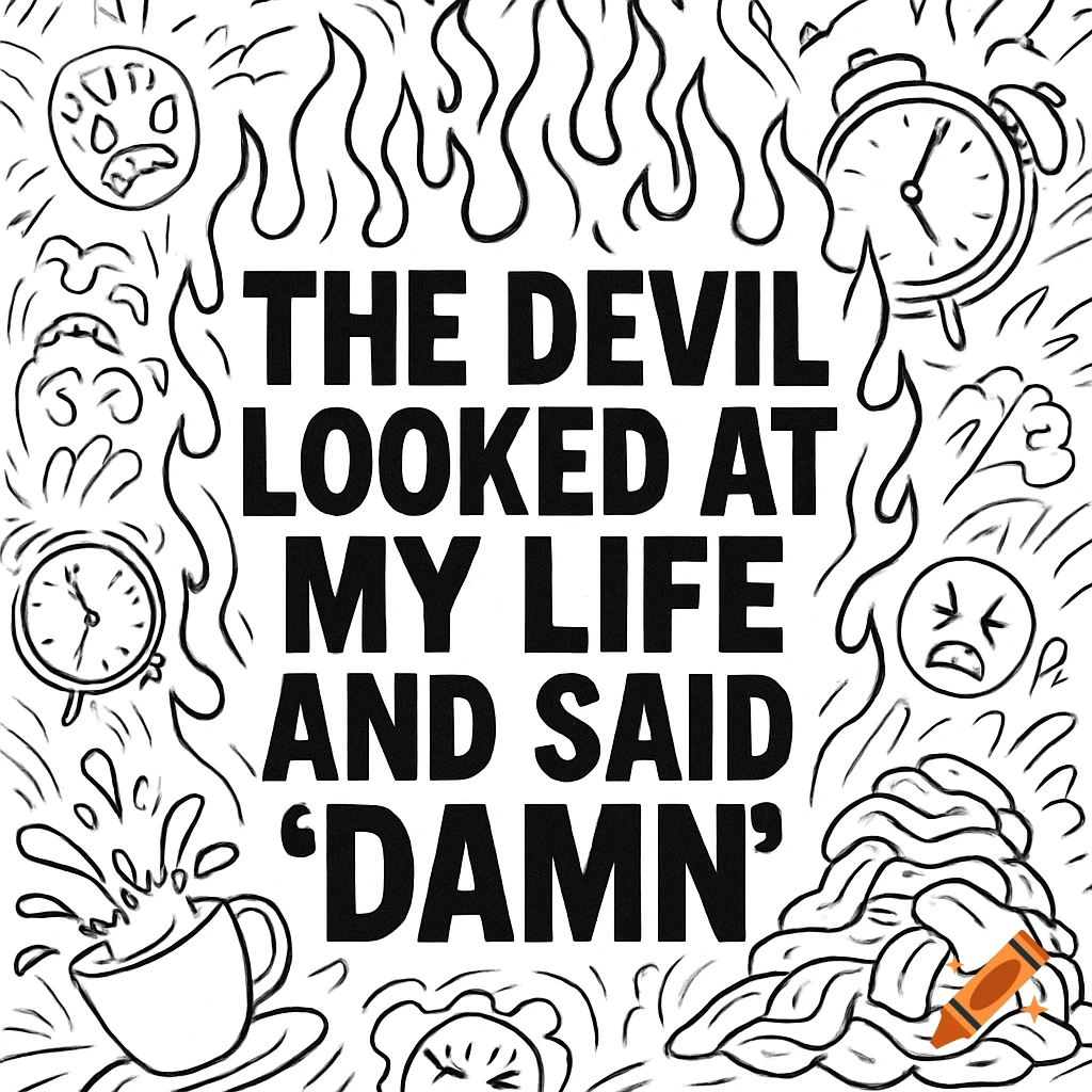 Black and white line art quote 'The Devil Looked At My Life And Said ...