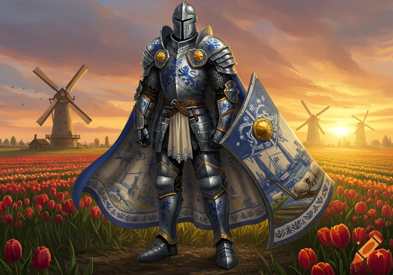 A knight in ornate, Dutch-inspired armor stands in a vibrant field of ...