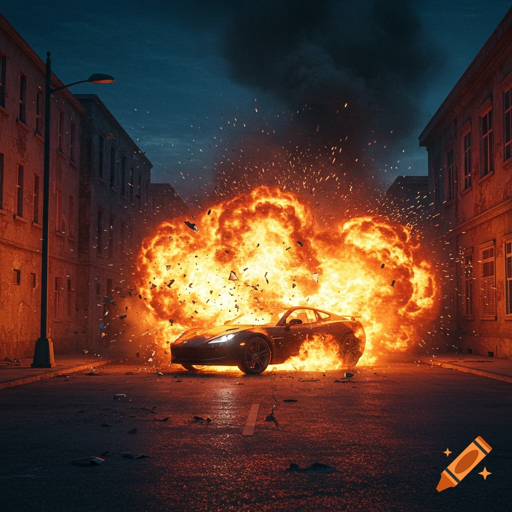 Two cars, a red sports car and a green sedan, collide in an explosive ...