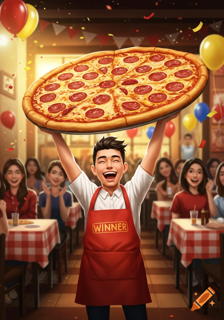 A man in a red apron with "WINNER" joyfully holds a giant pepperoni ...