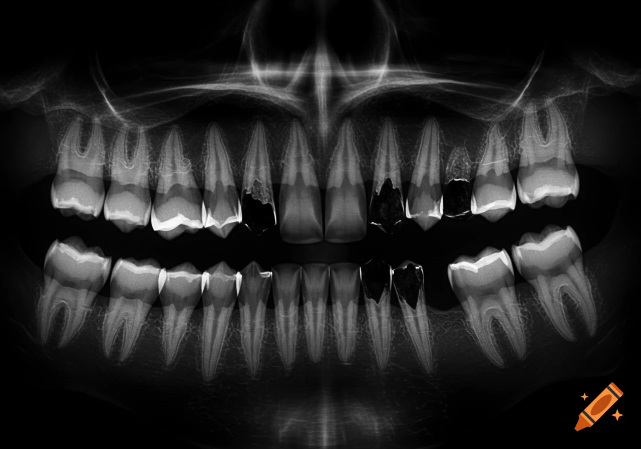 A black and white X-ray of human teeth and jawbone, showing dental decay and deterioration. on ...