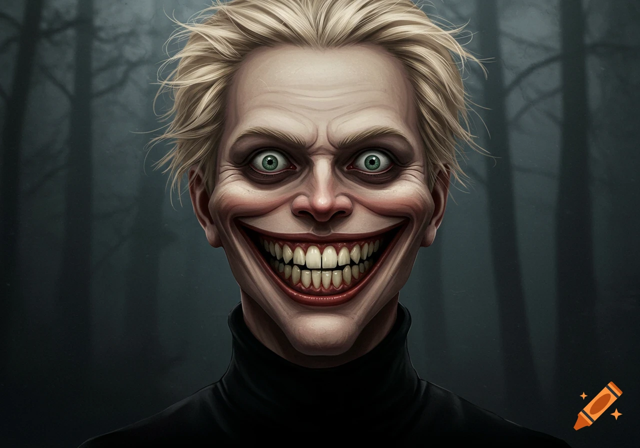 Realistic anime-style portrait of a man with a wide, manic grin ...