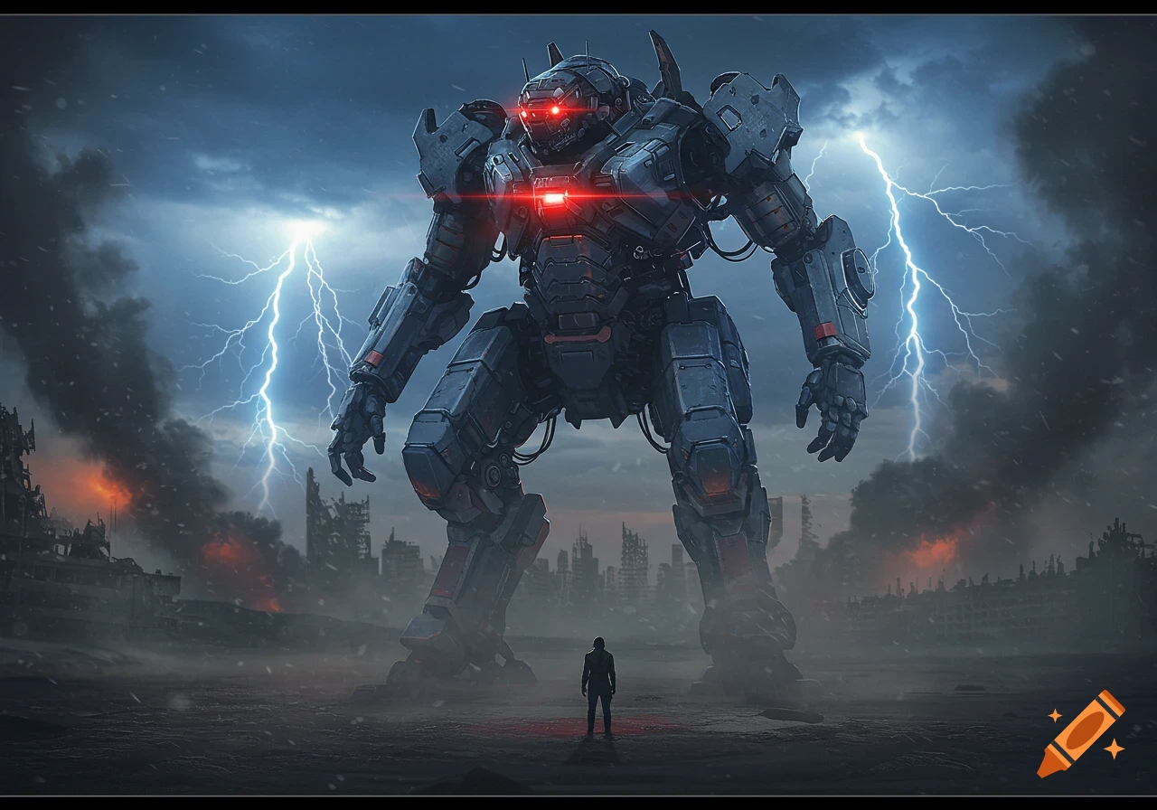 A massive, detailed red robot with glowing blue eyes stands in a ...