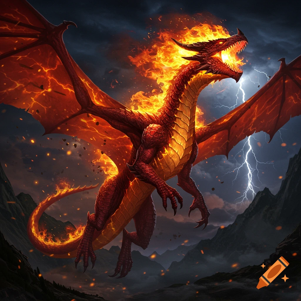 A majestic purple, amethyst-like dragon breathes bright blue fire while ...