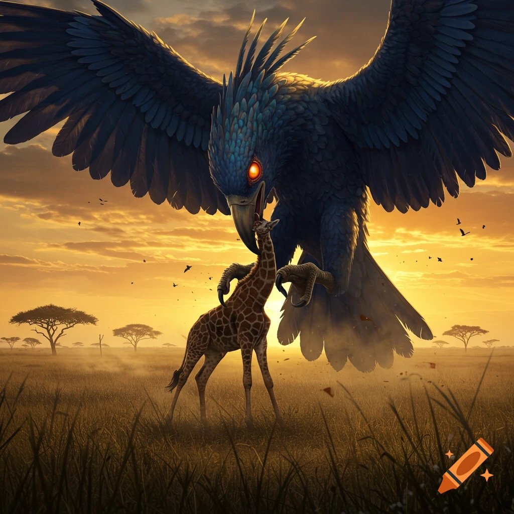 A giant predatory bird with glowing red eyes looms over a small giraffe ...