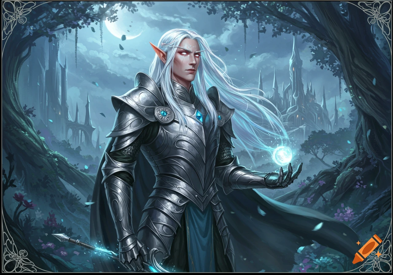 A white-haired high elf in silver armor holds a glowing orb in a mystical moonlit forest with a ...